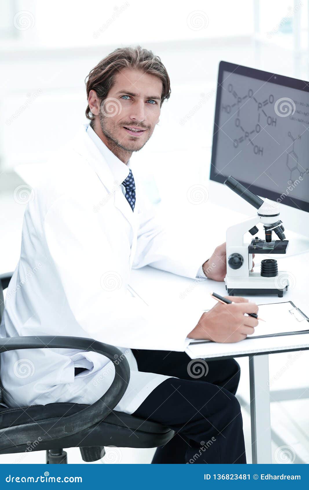 Laboratory Worker Sitting by Table with Microscope Stock Image - Image ...