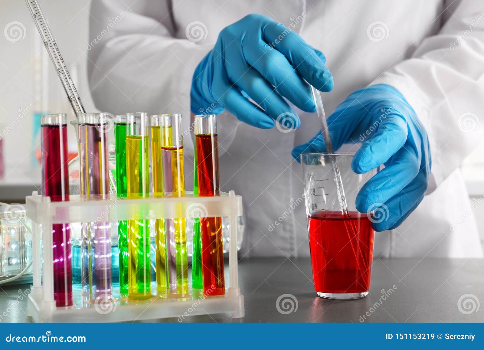 Laboratory Worker Taking Sample from Beaker, Closeup Stock Image ...