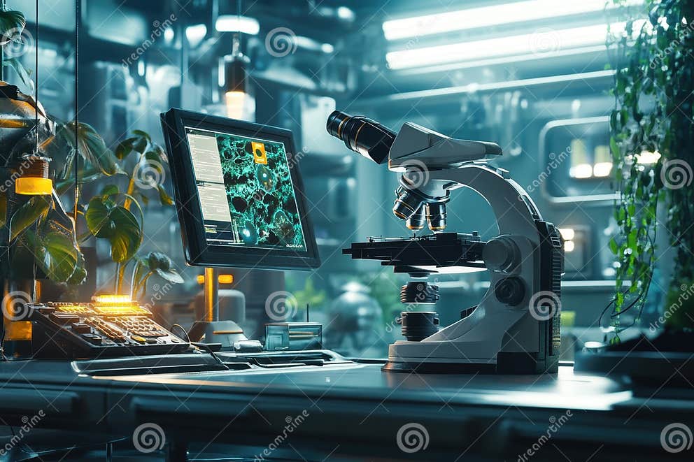 Laboratory Workspace Featuring Microscope and Computer Display in a ...