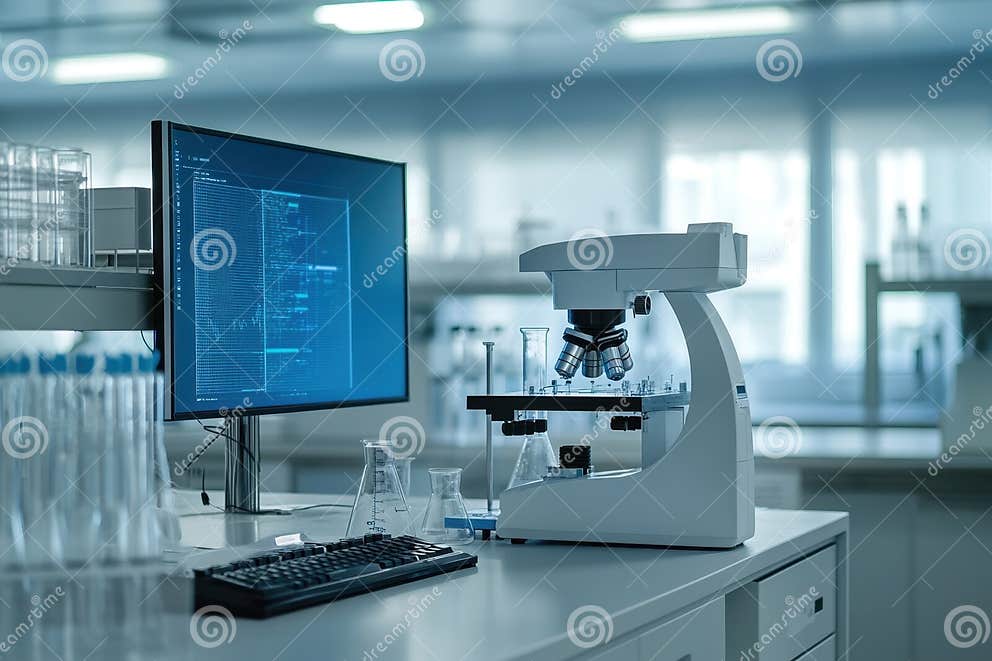 Laboratory Workspace with Modern Microscope and Computer Setup for ...