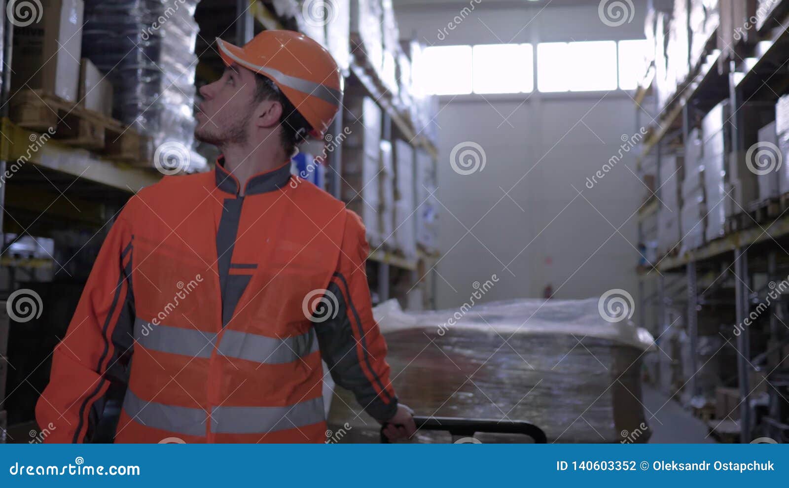 Laborer in Uniform Pulling Trolley with Boxes between Rows of Racks on ...