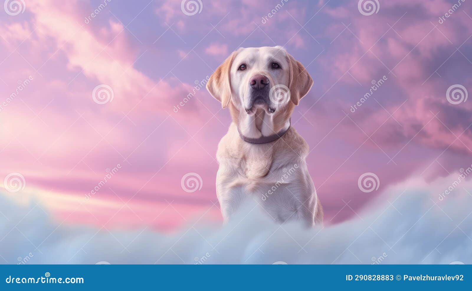 Labrador Retriever Dog Sitting on Cloud with Pink Sky Background Stock Illustration ...