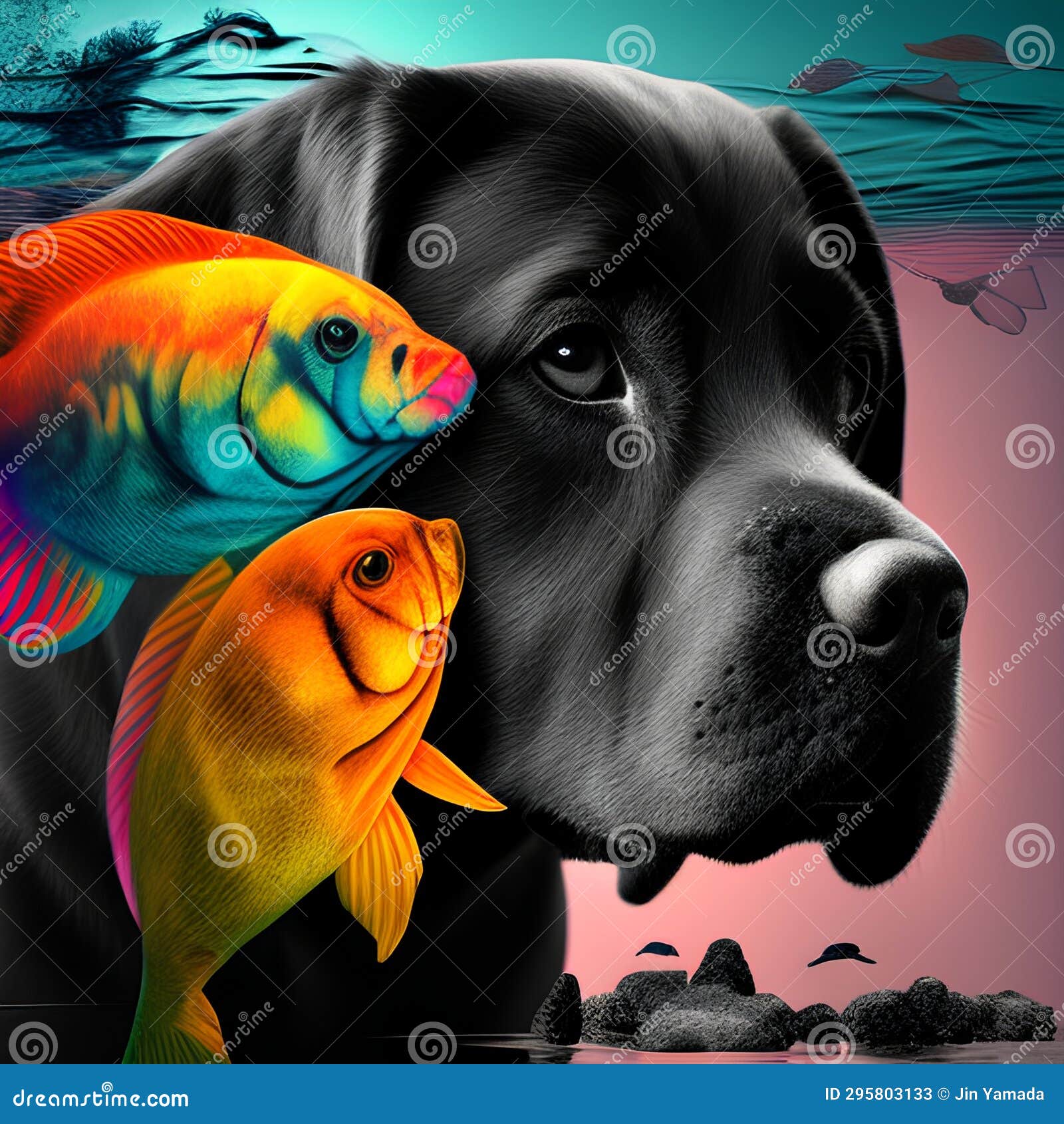 Labrador Retriever and a Fish in the Water, Collage Stock Illustration ...