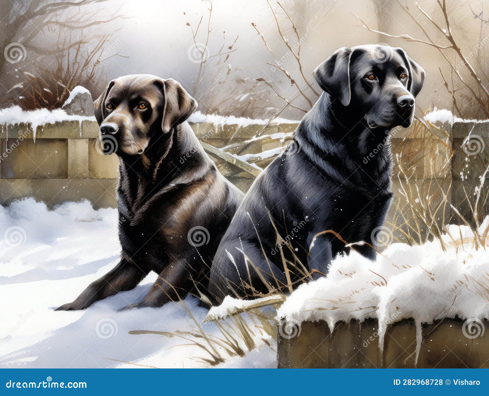 Labrador Retrievers in Snow Stock Illustration - Illustration of animal ...