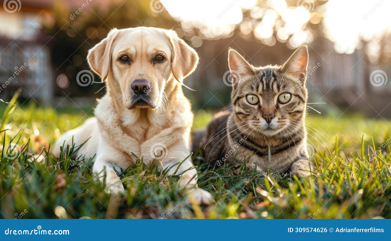 A Labrador and a Tabby Cat Lying Together on Grass. Stock Photo - Image ...