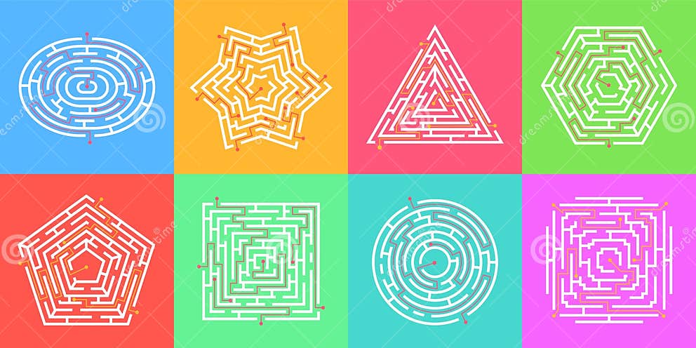 Labyrinth Game, Finding Way Puzzle Mazes, Round Maze. Simple Labyrinths in Various Shapes, Logic ...
