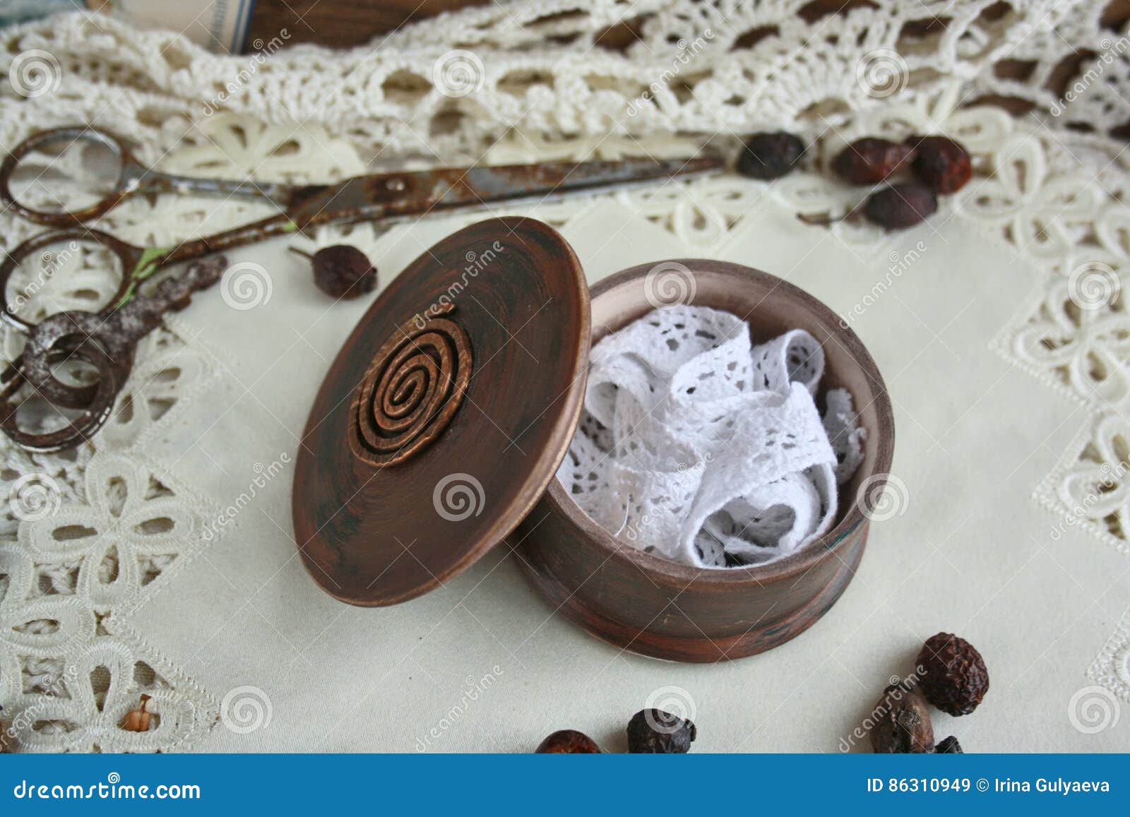Lace in the box stock image. Image of wooden, cloth, round - 86310949