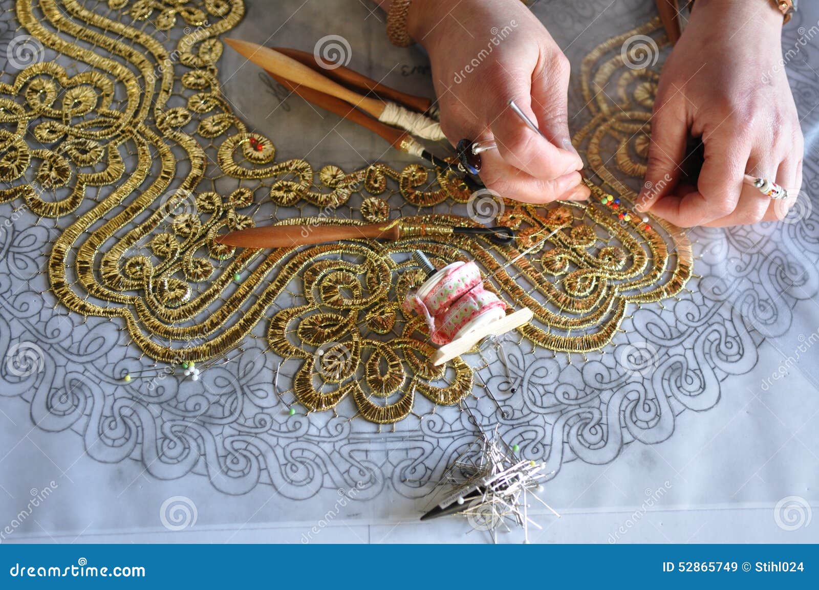 Lace-making - crocheting stock image. Image of spindles - 52865749