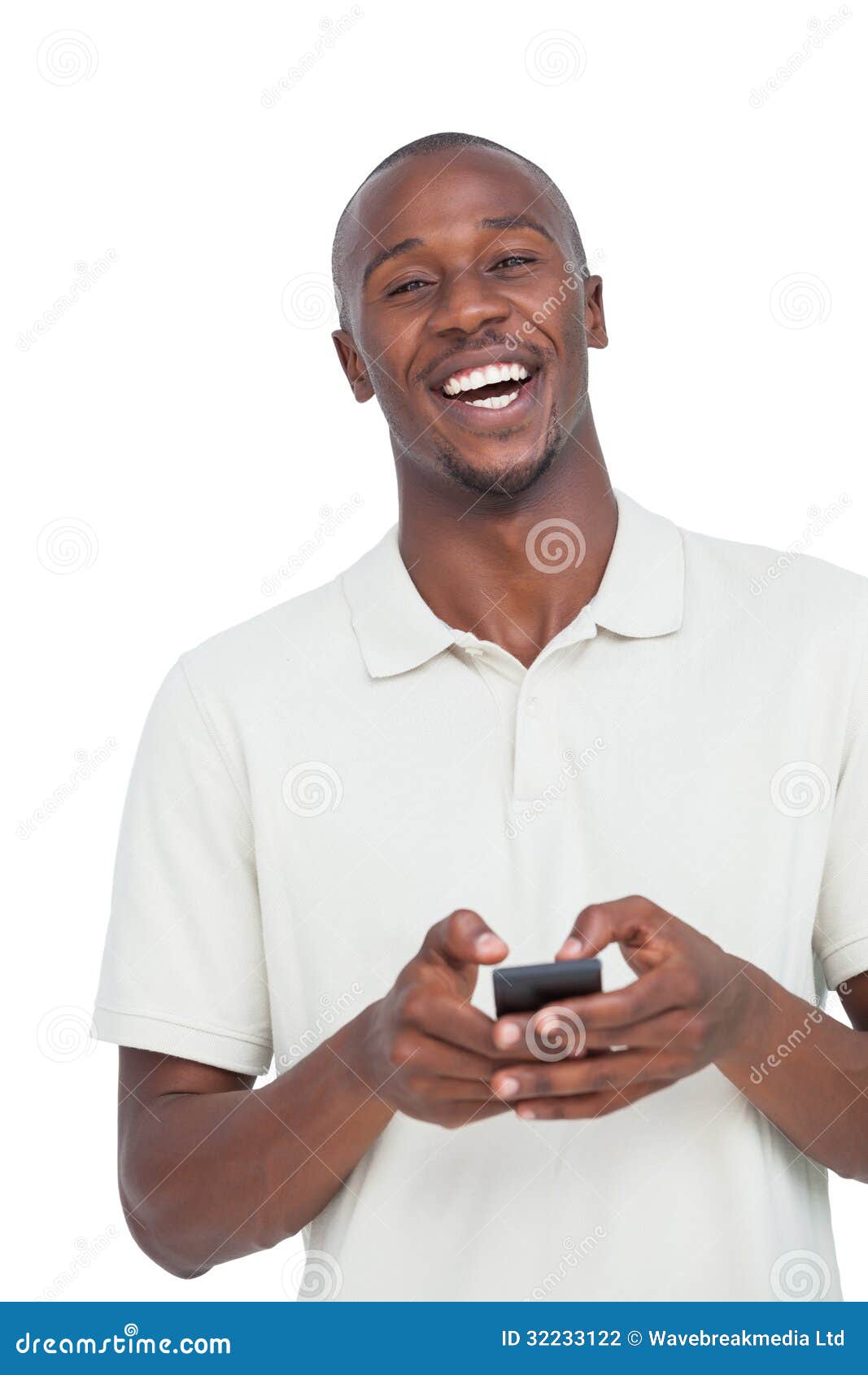 Lachender Mann mit Handy stockfoto. Bild von polo, betrieb - 32233122