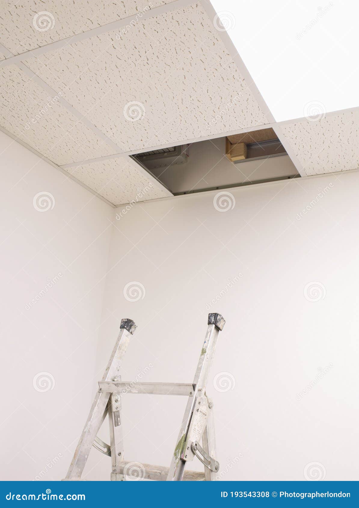 Ladder in Below Open Ceiling Panel in Empty Office Stock Photo - Image ...