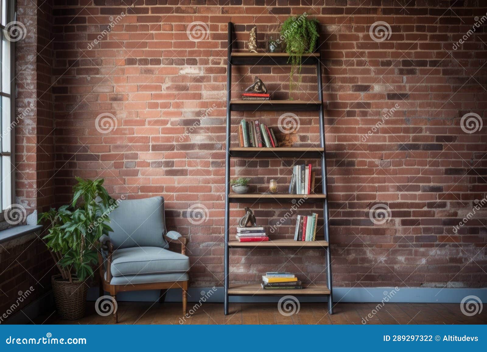 Ladder Bookshelf Against Rustic Brick Wall Stock Photo - Image of ...