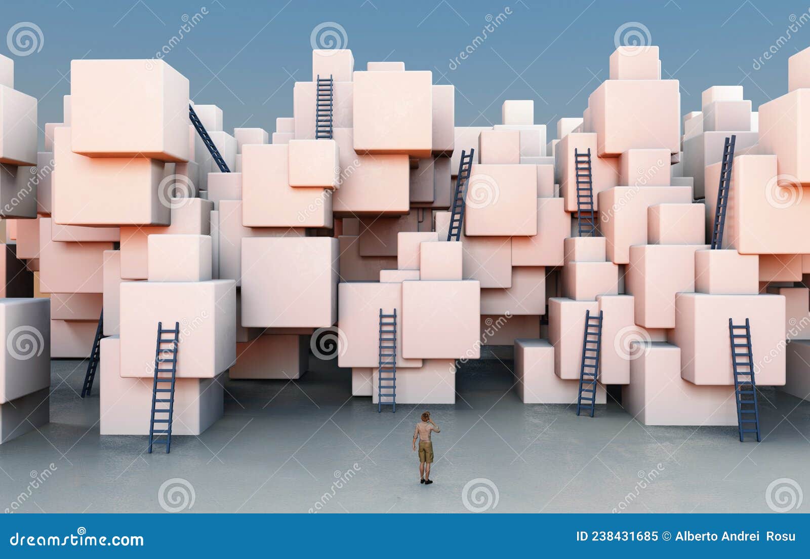 Man in Front of Multiple Cubes and Ladders Stock Illustration ...