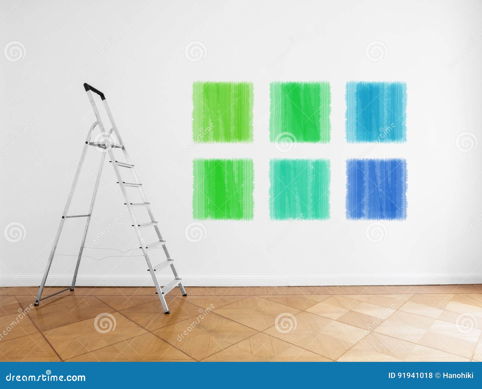 Ladder in Empty Room, White Wall with Colored Paint Samples Stock Photo ...