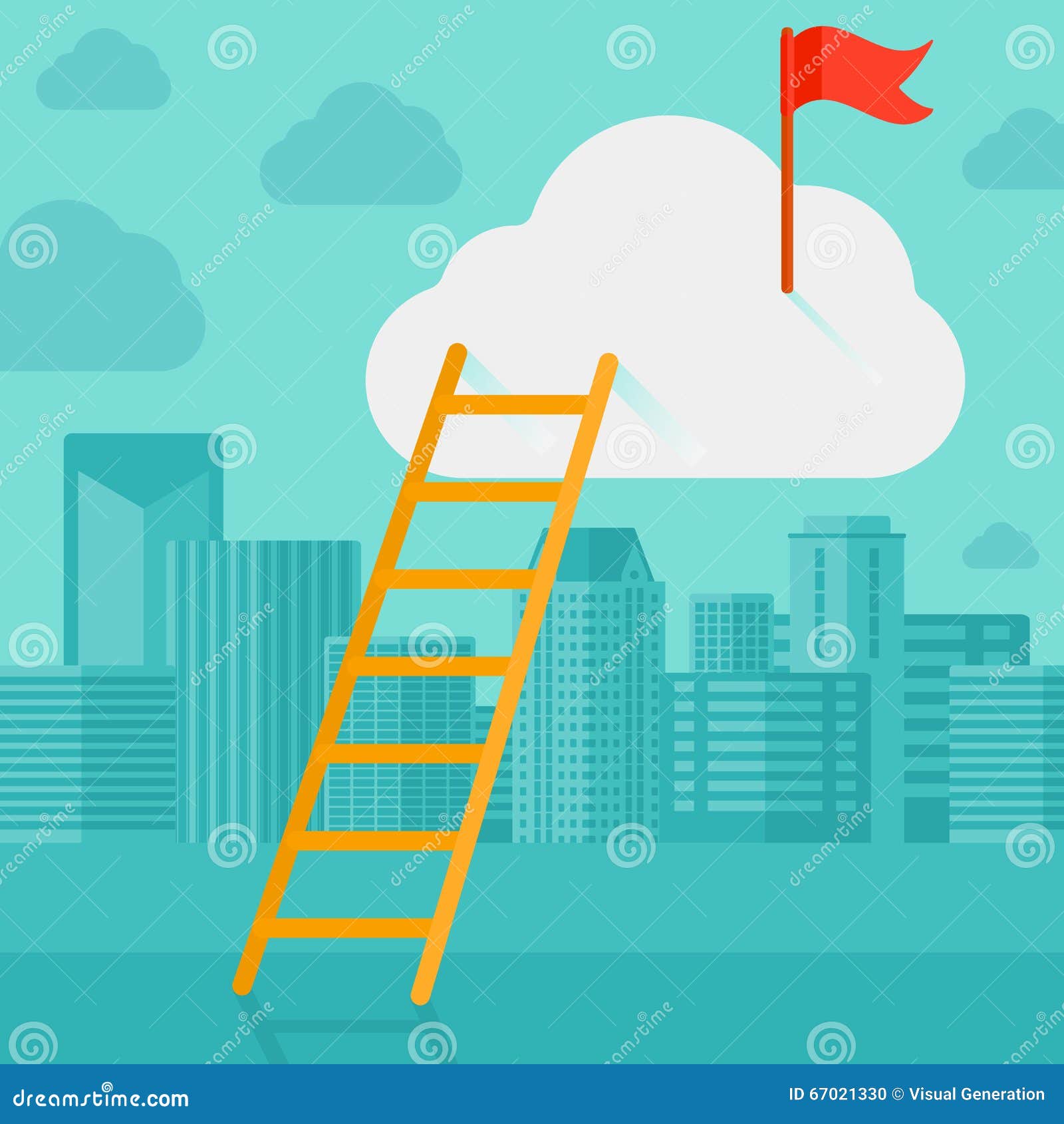 Ladder and Flag on Top of the Cloud on City Background. Stock Vector ...