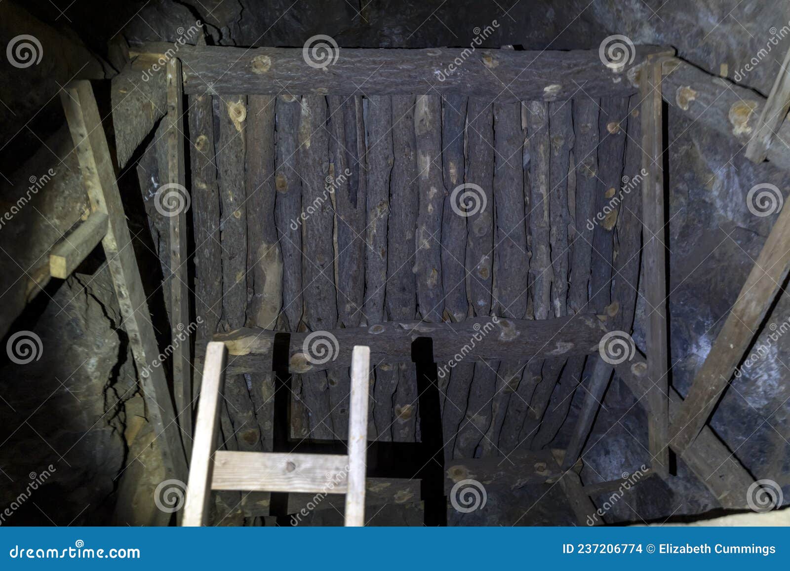 Ladder Leads Up To a Timber Platform Inside a Mine Shaft Stock Photo ...