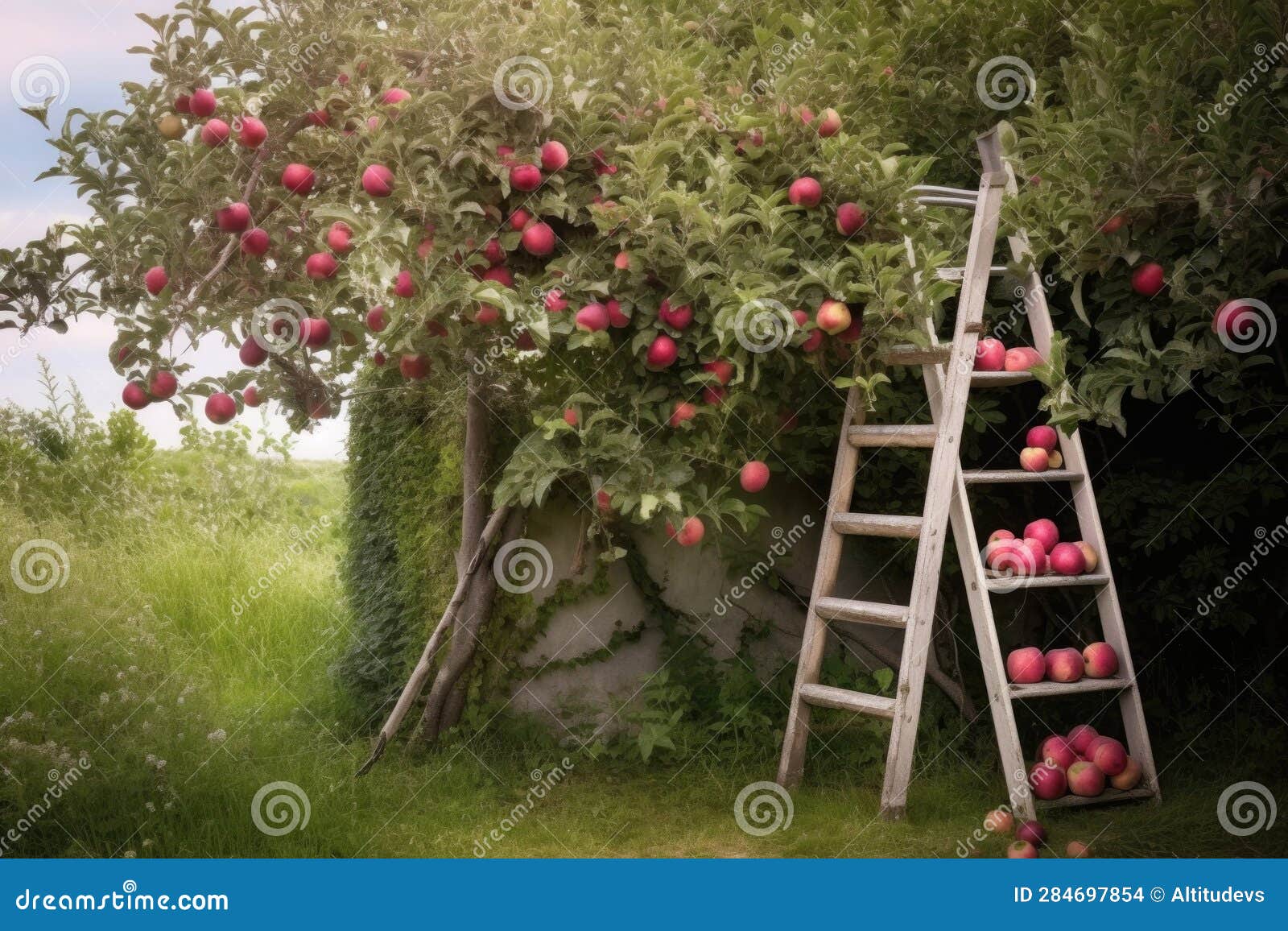 Ladder Leaning Against Apple Tree with Full Basket Below Stock Photo ...