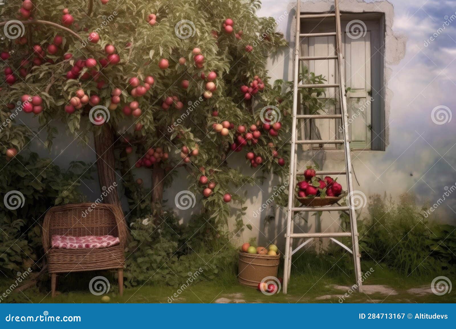 Ladder Leaning Against Apple Tree with Full Basket Below Stock ...