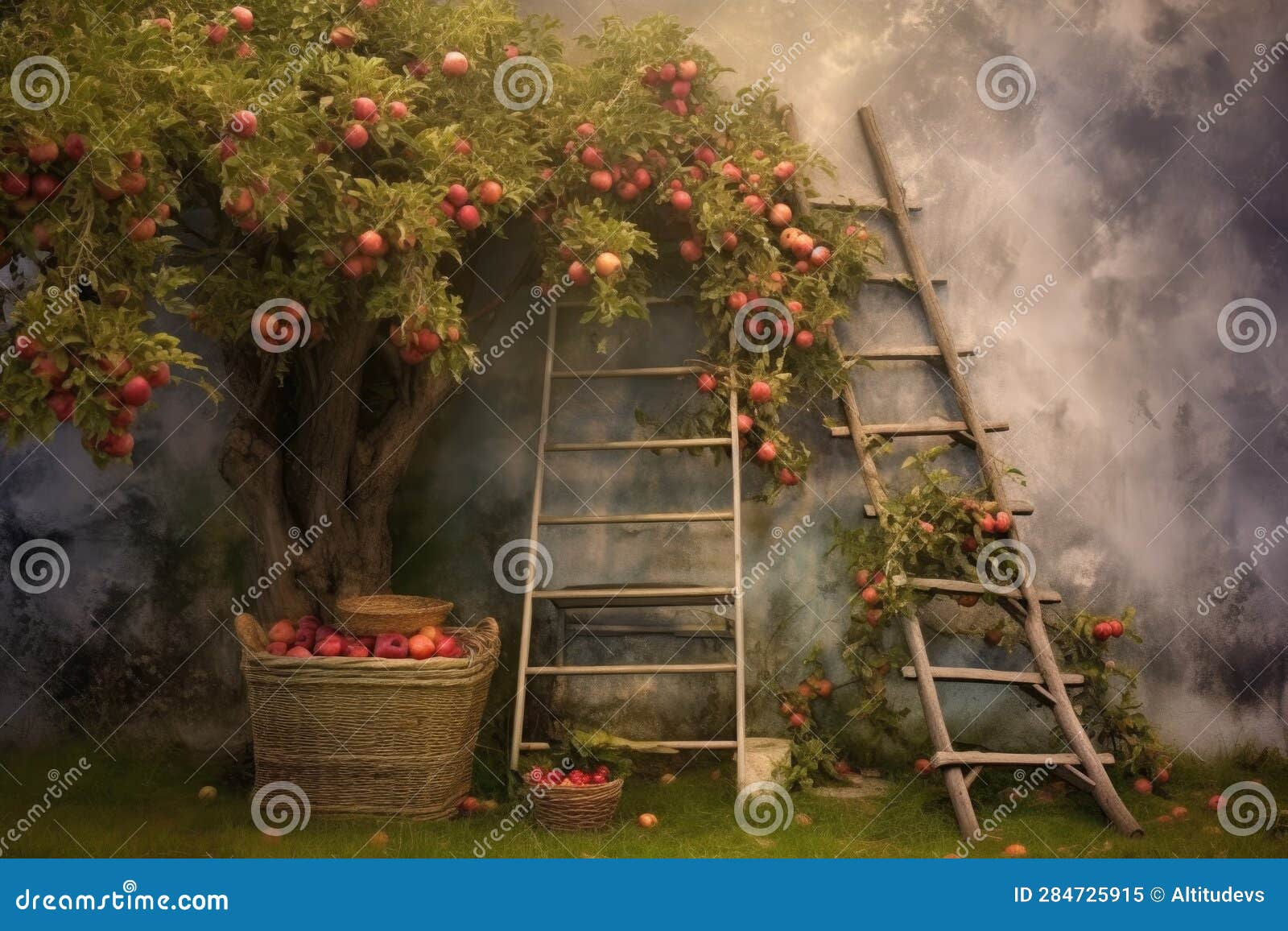 Ladder Leaning Against Apple Tree with Full Basket Below Stock Image ...