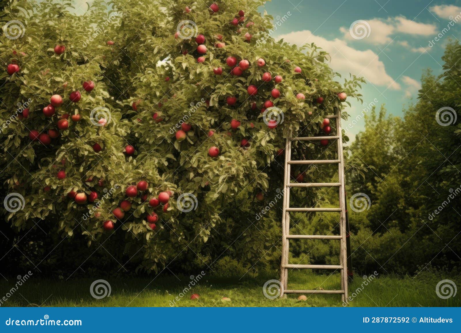 A Ladder Leaning Against an Apple Tree for Picking Stock Illustration ...