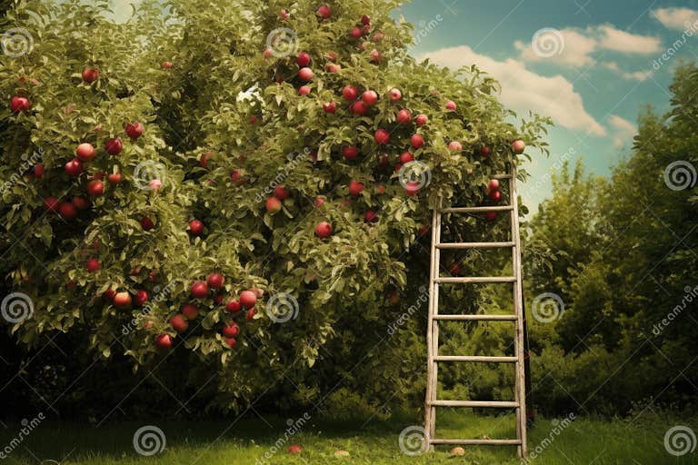 A Ladder Leaning Against an Apple Tree for Picking Stock Photo - Image ...
