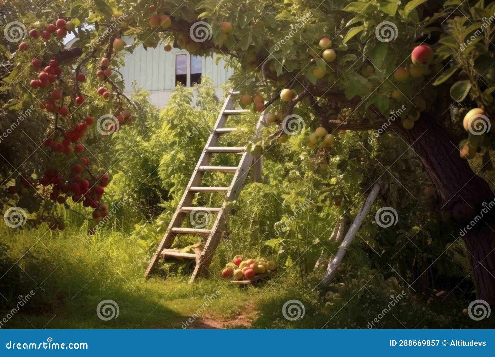Ladder Leaning Against Apple Tree, Ready for Picking Stock Image ...