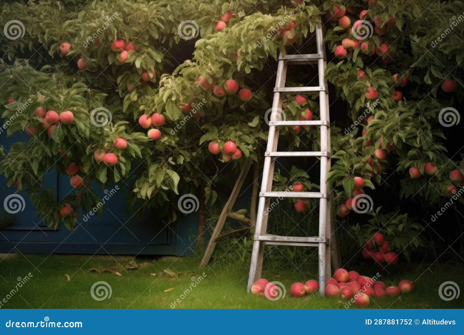 Ladder Leaning Against Apple Tree, Ready for Picking Stock Photo ...