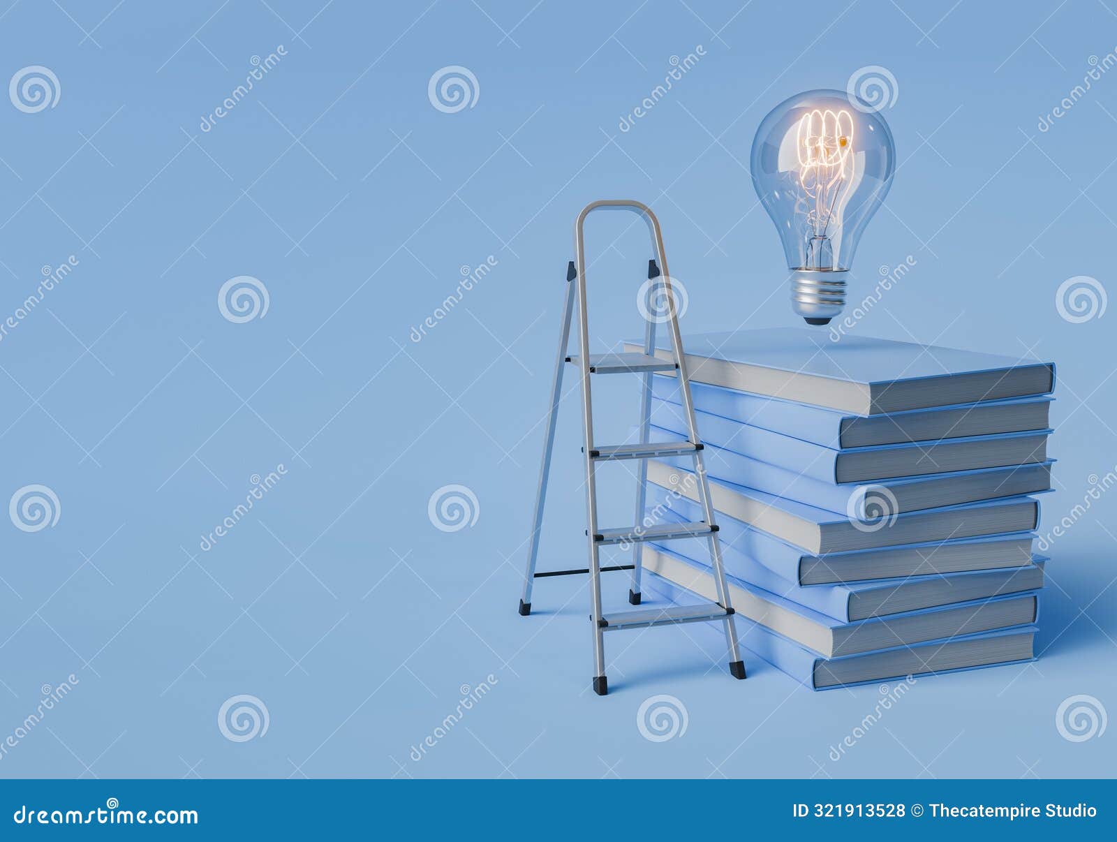 Ladder Leaning on Stack of Books with Floating Light Bulb on Blue ...