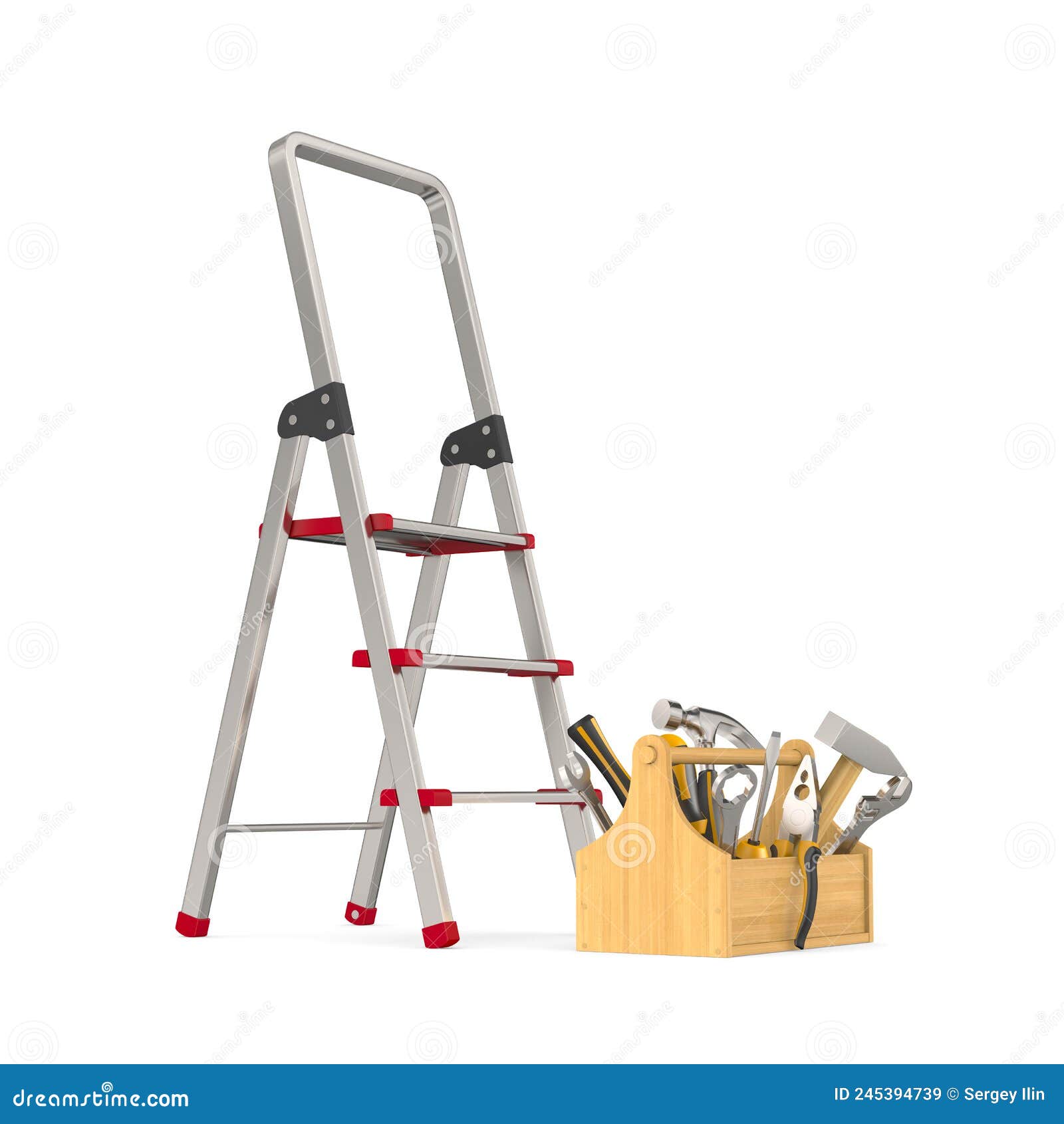 Ladder and Toolbox with Tools on White Background. Isolated 3D ...