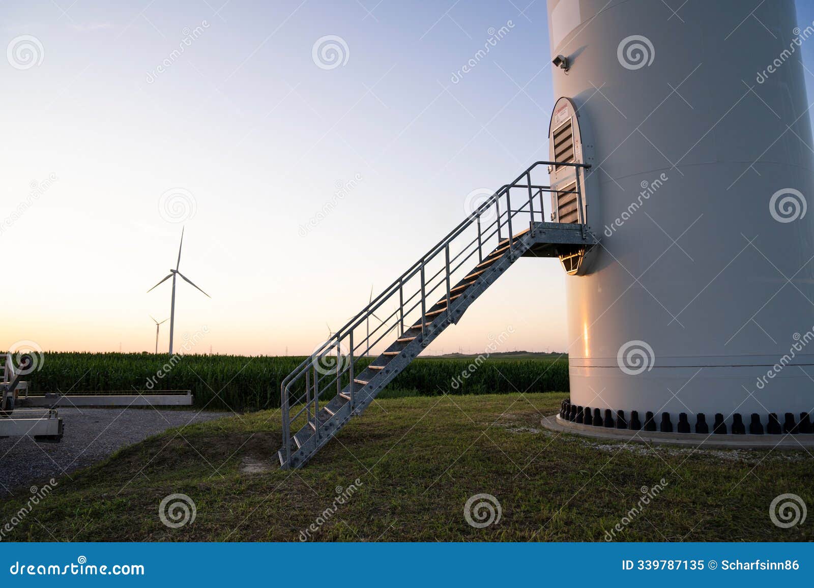 Ladder at the Wind Generator. Wind Turbines at Sunset Stock Image ...