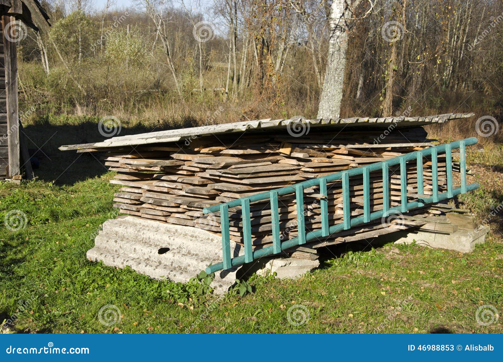 Ladder and Wood Planks Stack in Farm Yard Stock Image - Image of plank ...
