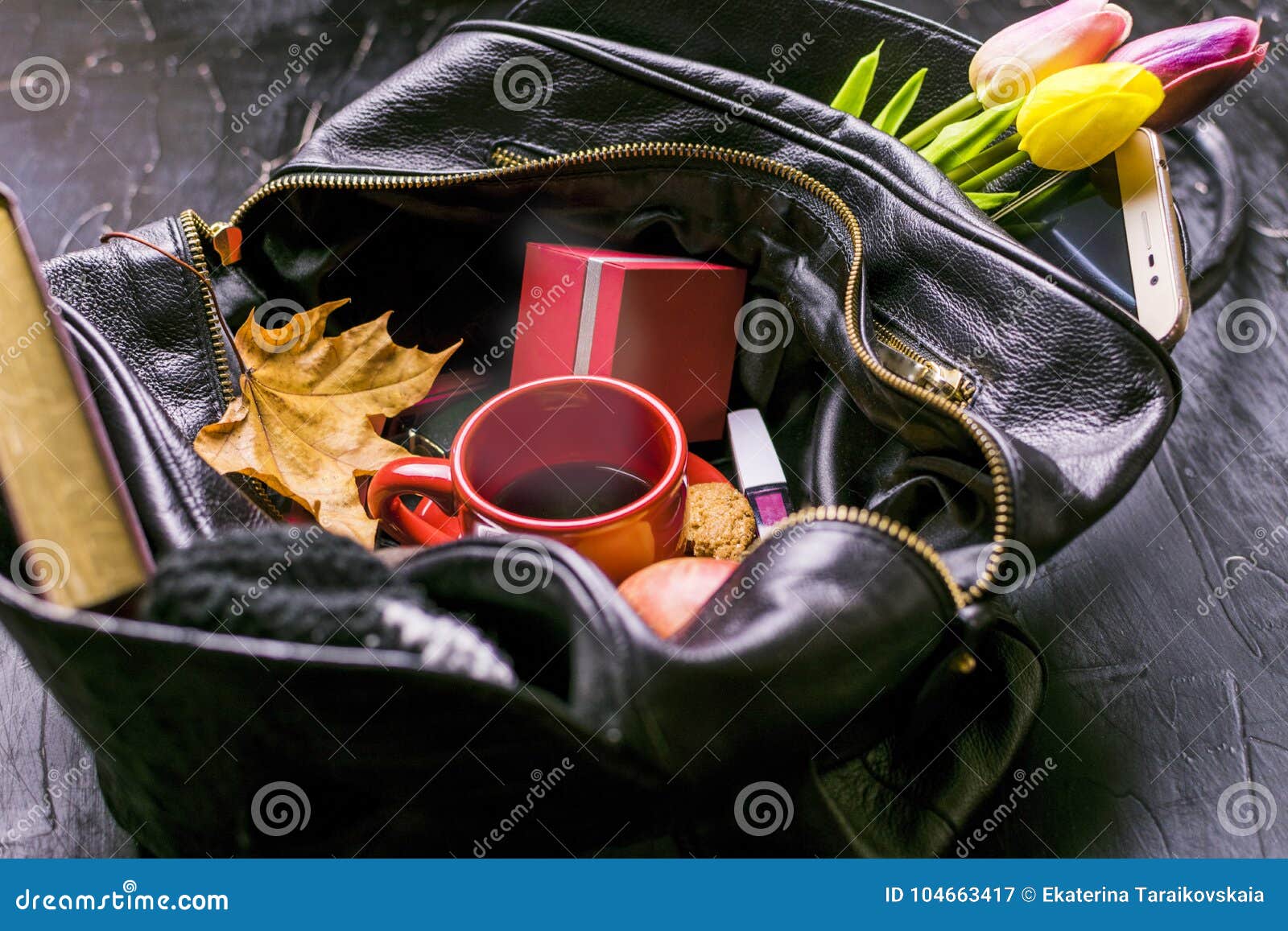 Ladies Bag with Different Things, Stock Image - Image of phone, tulip ...
