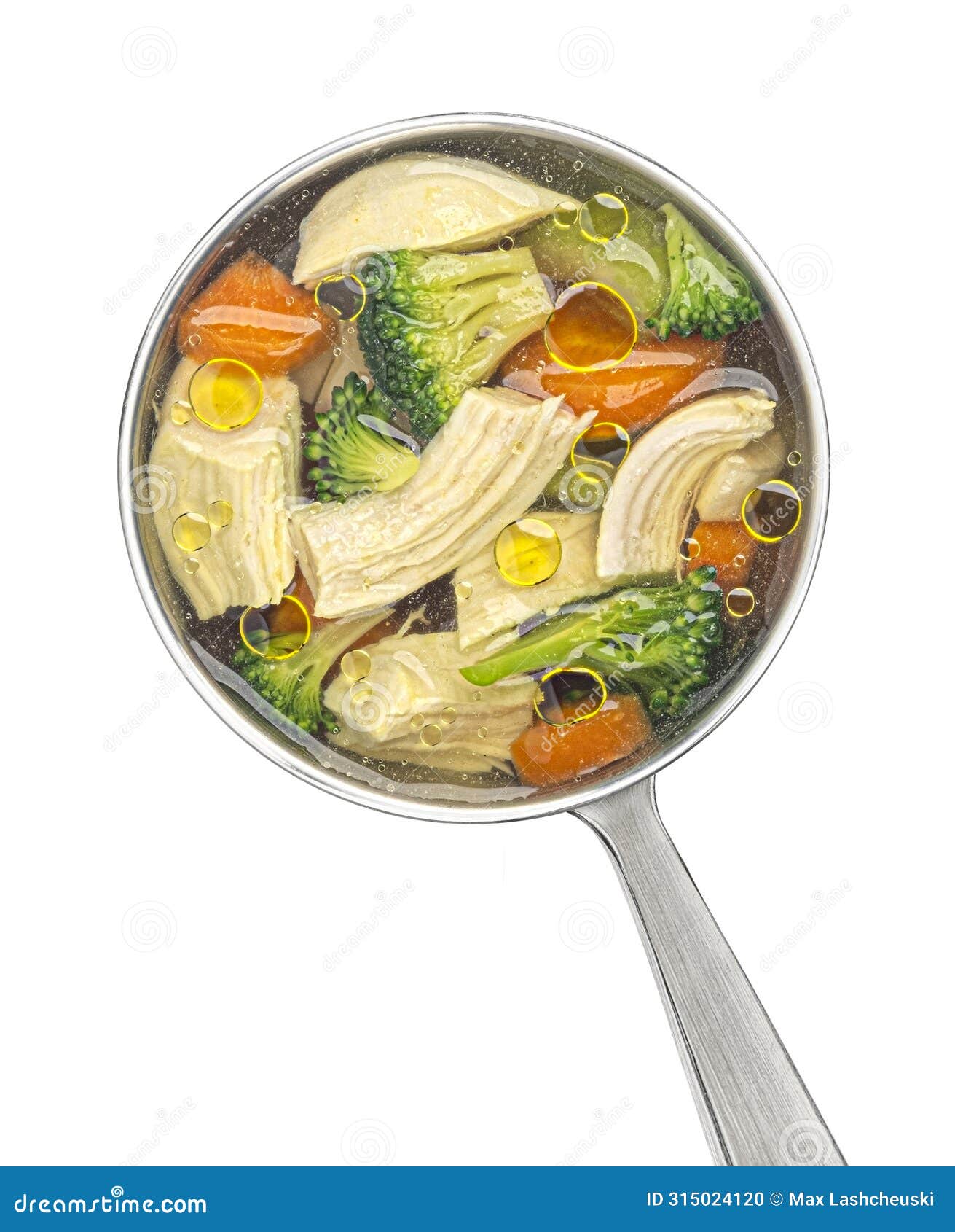 Ladle with Chicken Soup with Vegetables Isolated on White Background ...