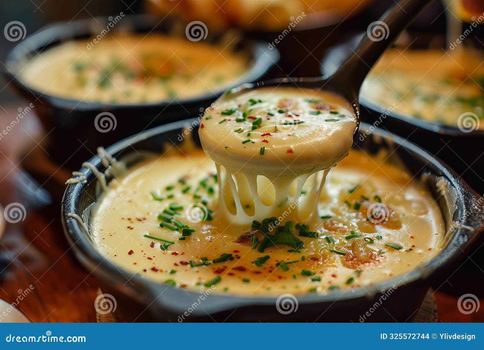 Ladle Scooping Melted Cheese with Stringy Texture from Pot Stock Photo ...