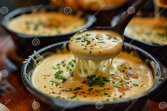 Ladle Scooping Melted Cheese with Stringy Texture from Pot Stock Photo ...