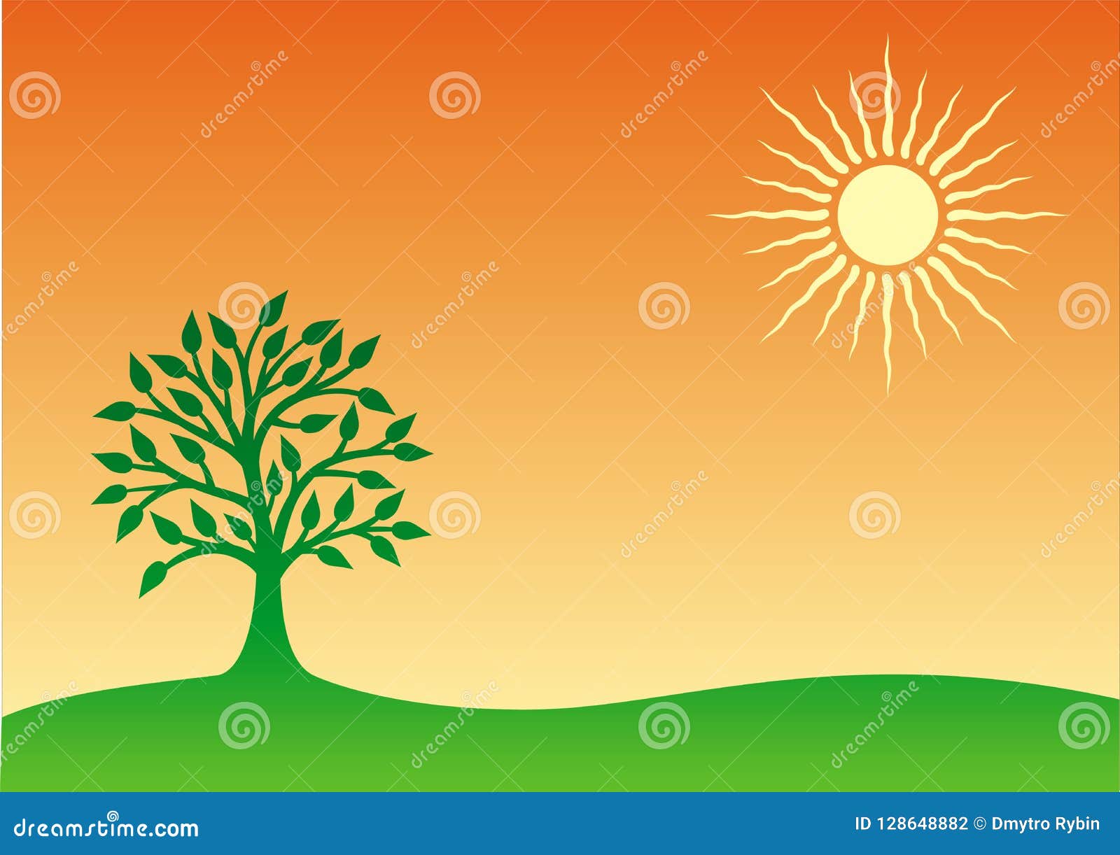 Tree of Life and Sun on a Orange Sky. Vector Graphics Horizontal. Stock ...
