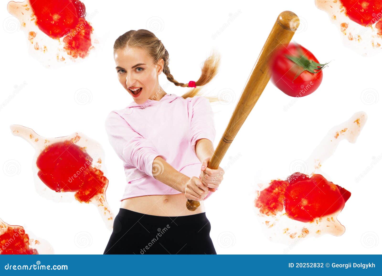 Lady Beating Off Tomatoes with a Baseball Bat Stock Photo - Image of ...