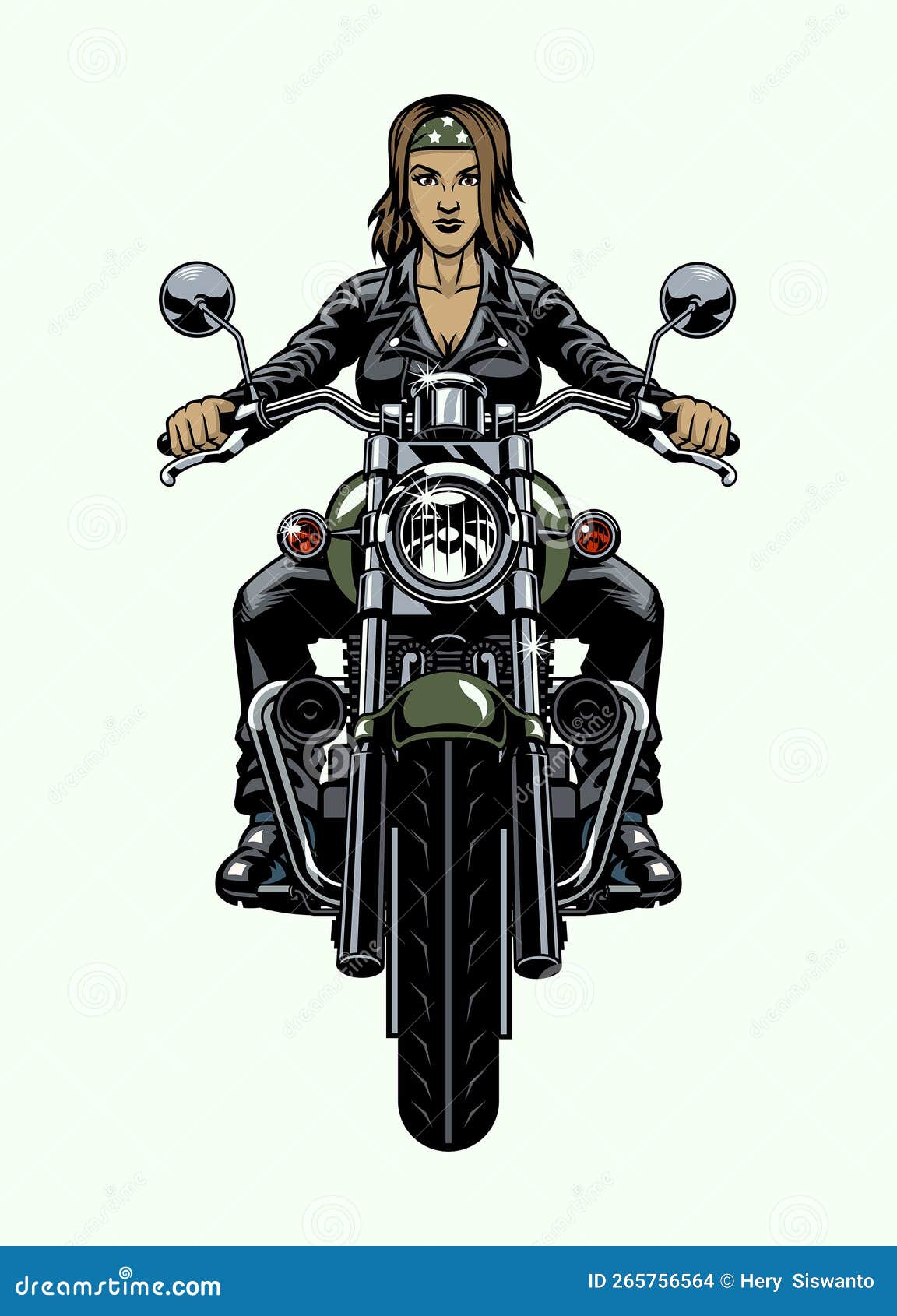 Lady Biker Riding Old Motorcycle in Front View Angle Stock Vector ...