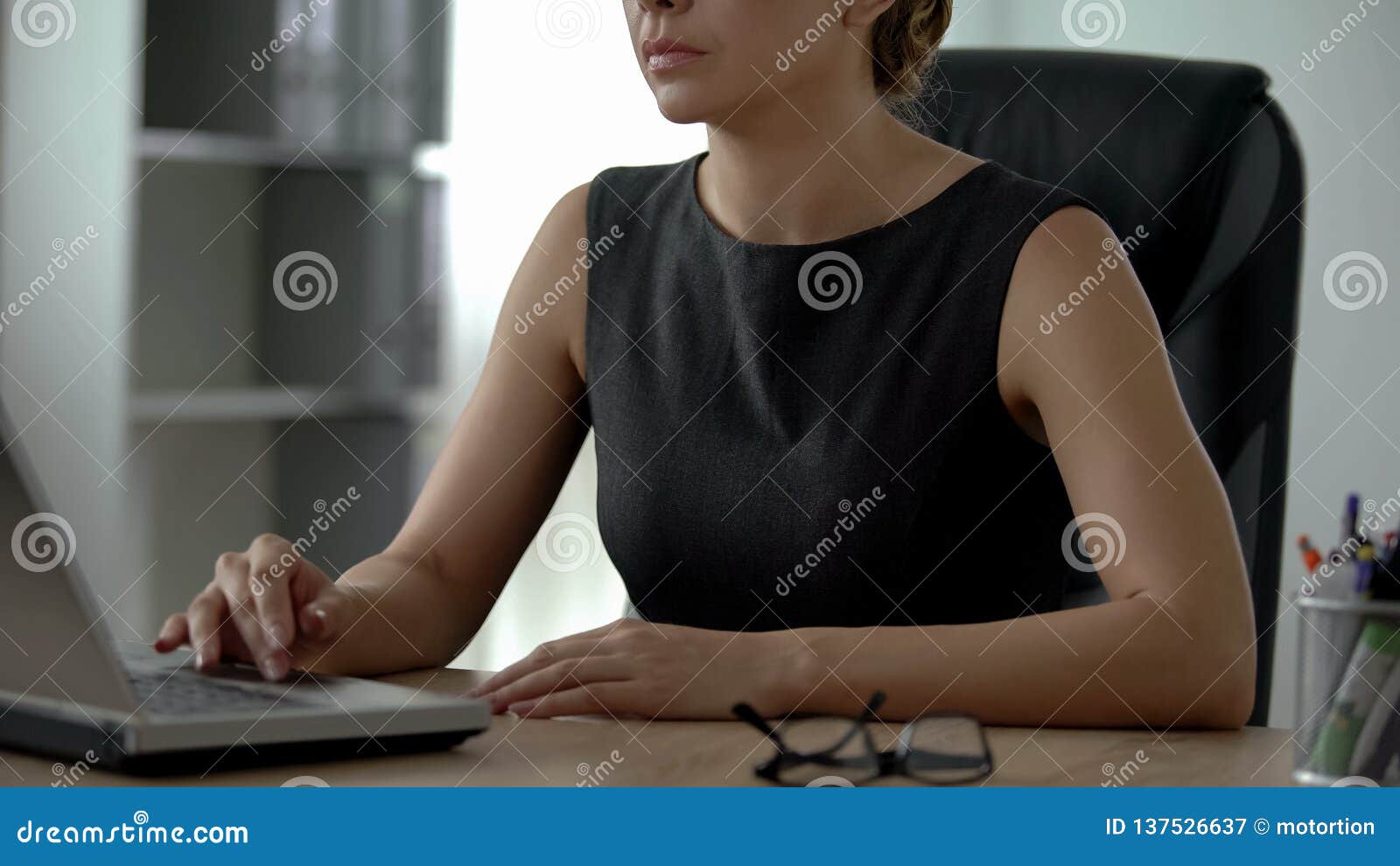 Lady Boss Working on Computer in Office, Reading Important E-mail ...