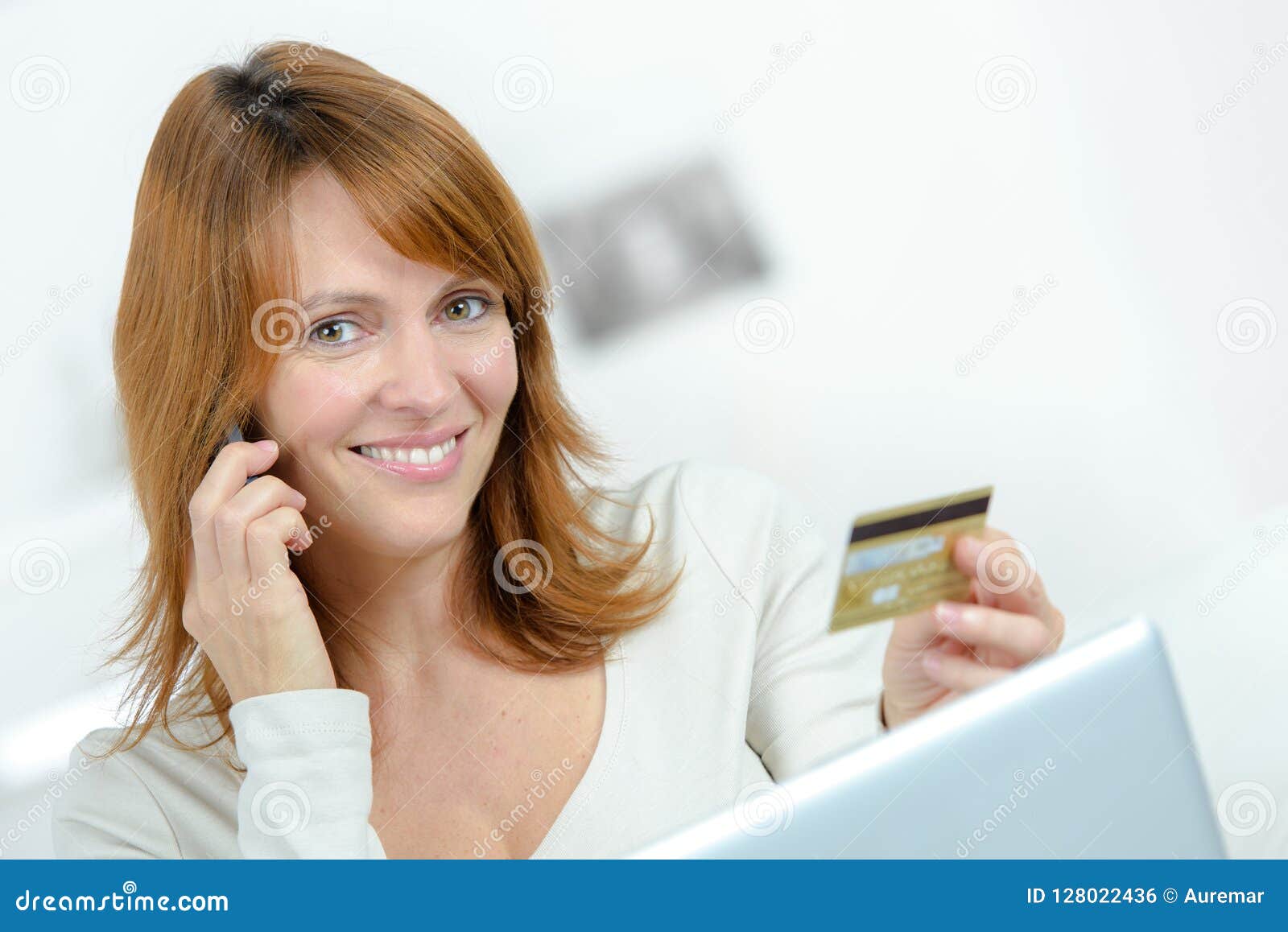 Lady on Cellphone Holding Credit Card Stock Photo - Image of computer ...