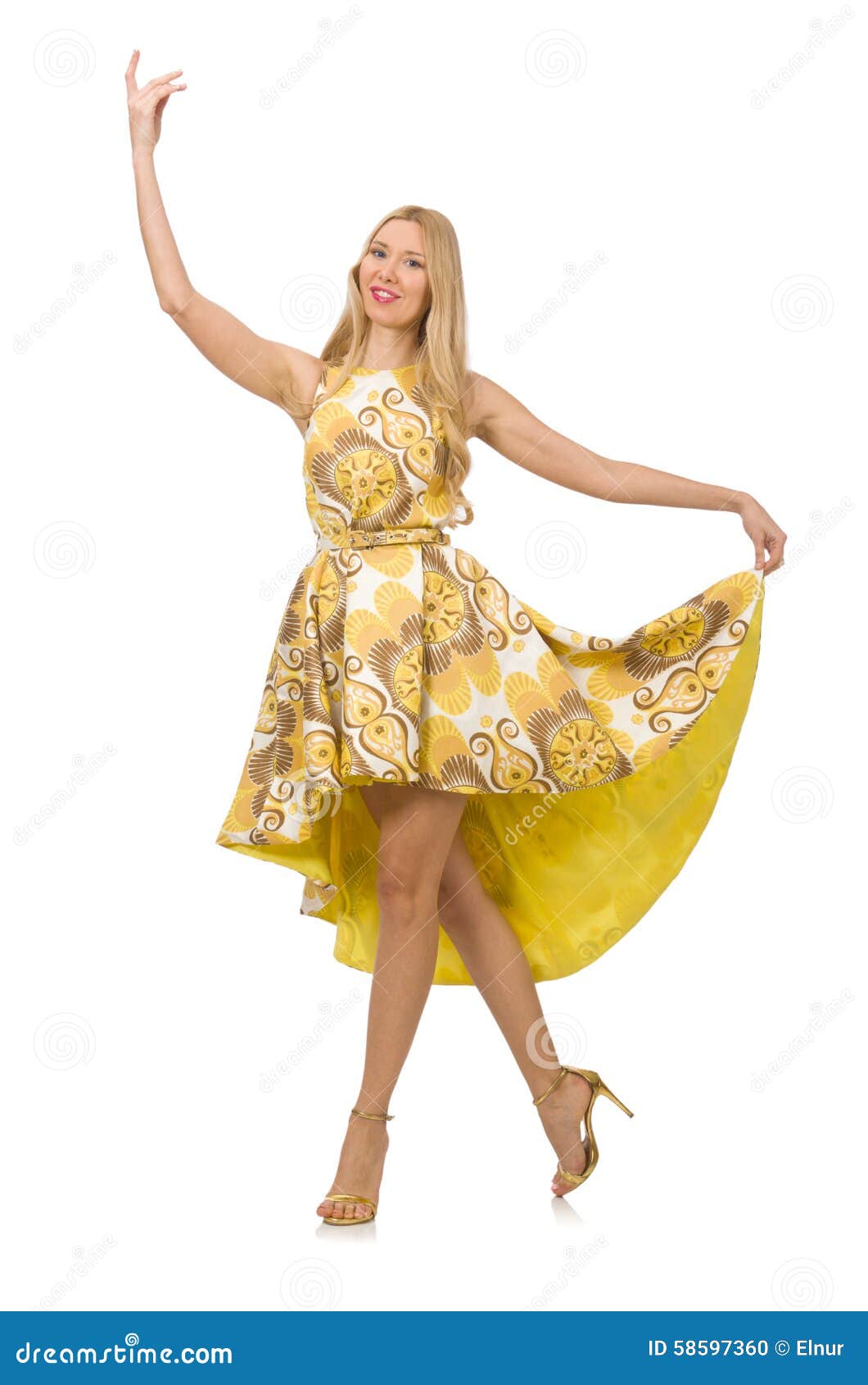 Lady in Charming Yellow Dress Isolated on White Stock Photo - Image of ...