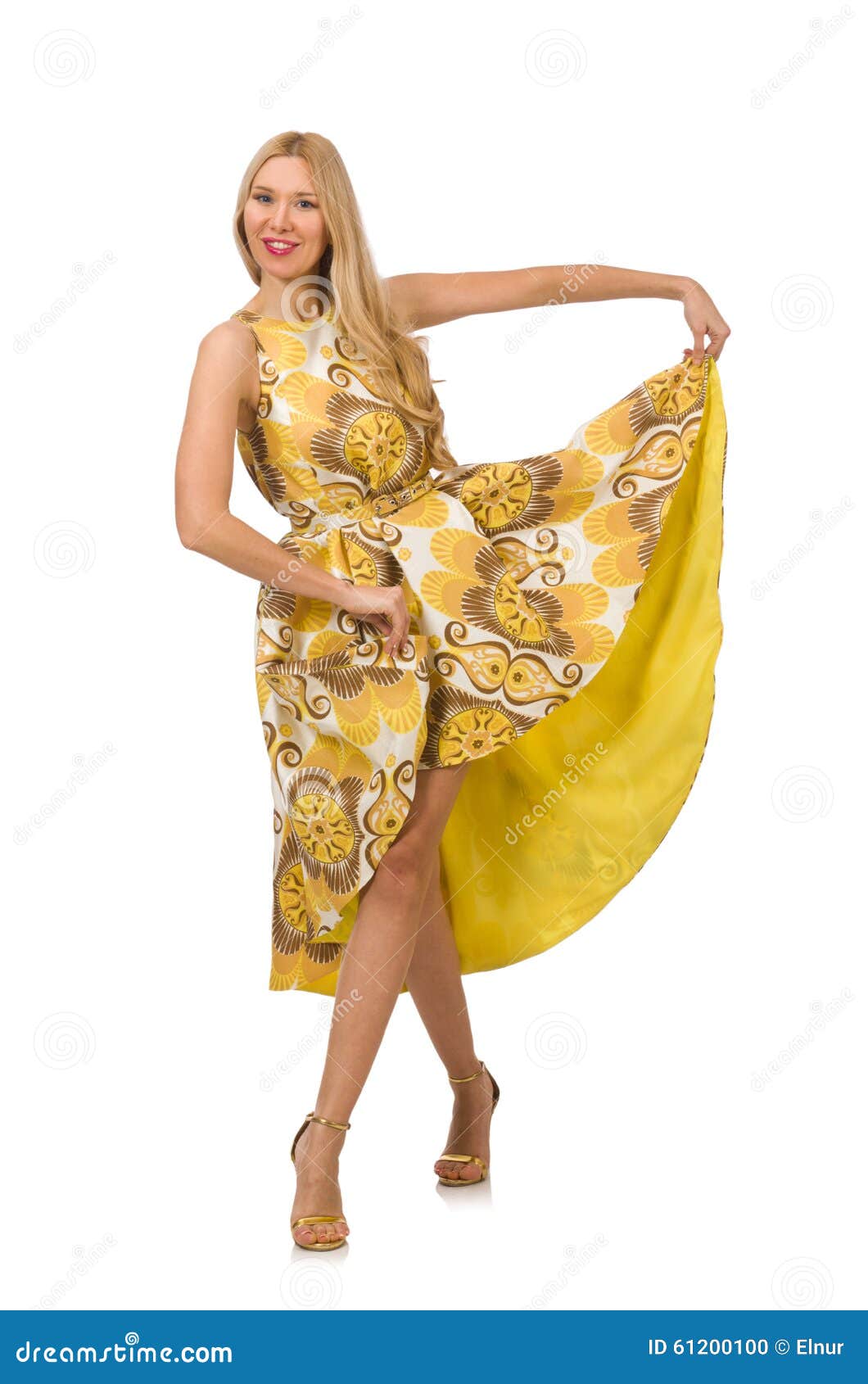 The Lady in Charming Yellow Dress Isolated on Stock Photo - Image of ...