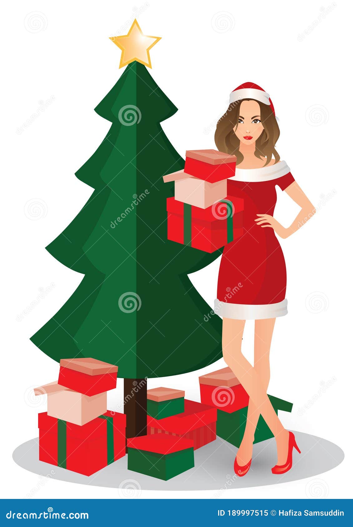 Lady with Christmas Tree. Vector Illustration Decorative Design Stock ...