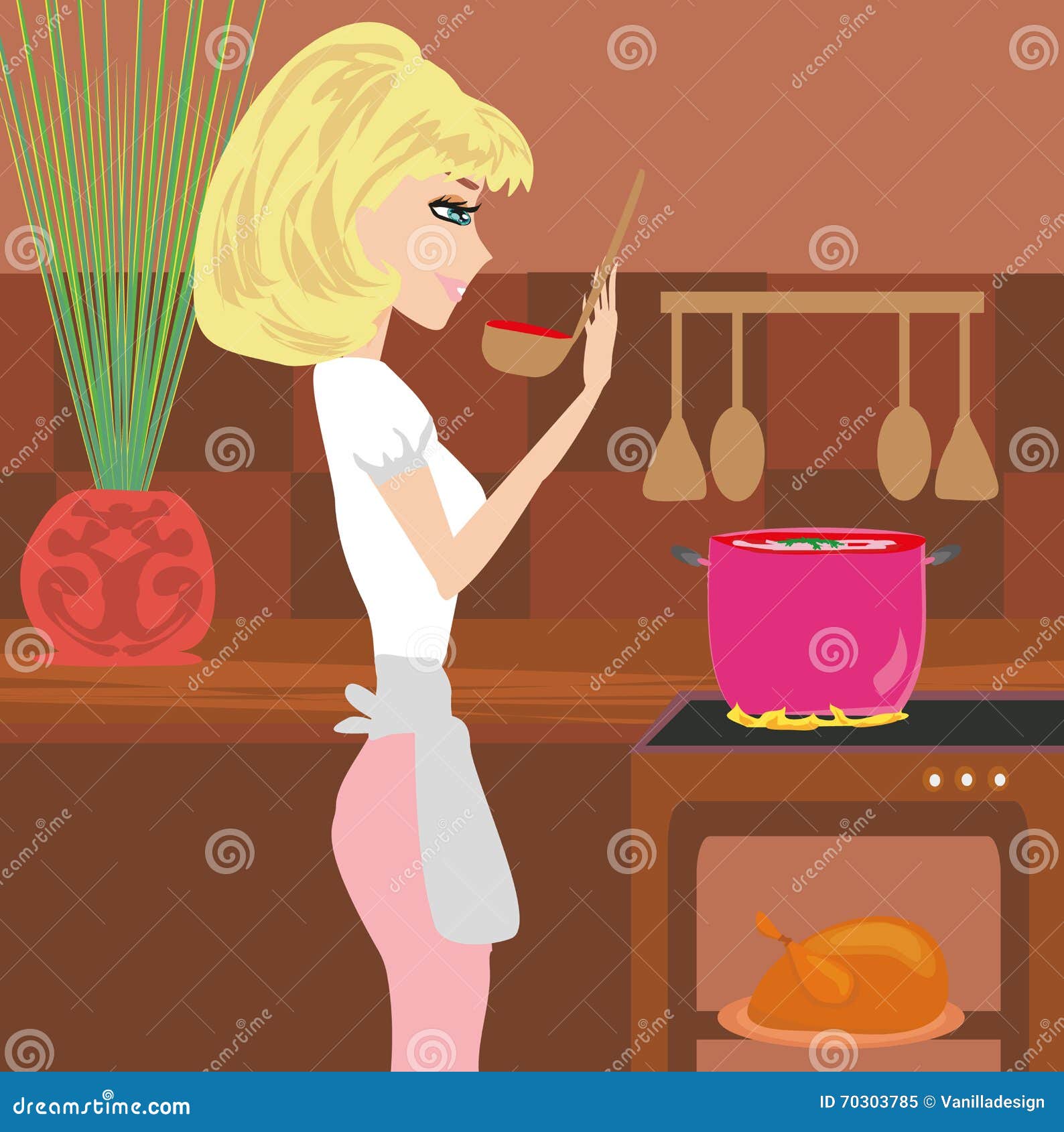 Lady Cooking Soup and Serving Chicken Stock Vector - Illustration of ...