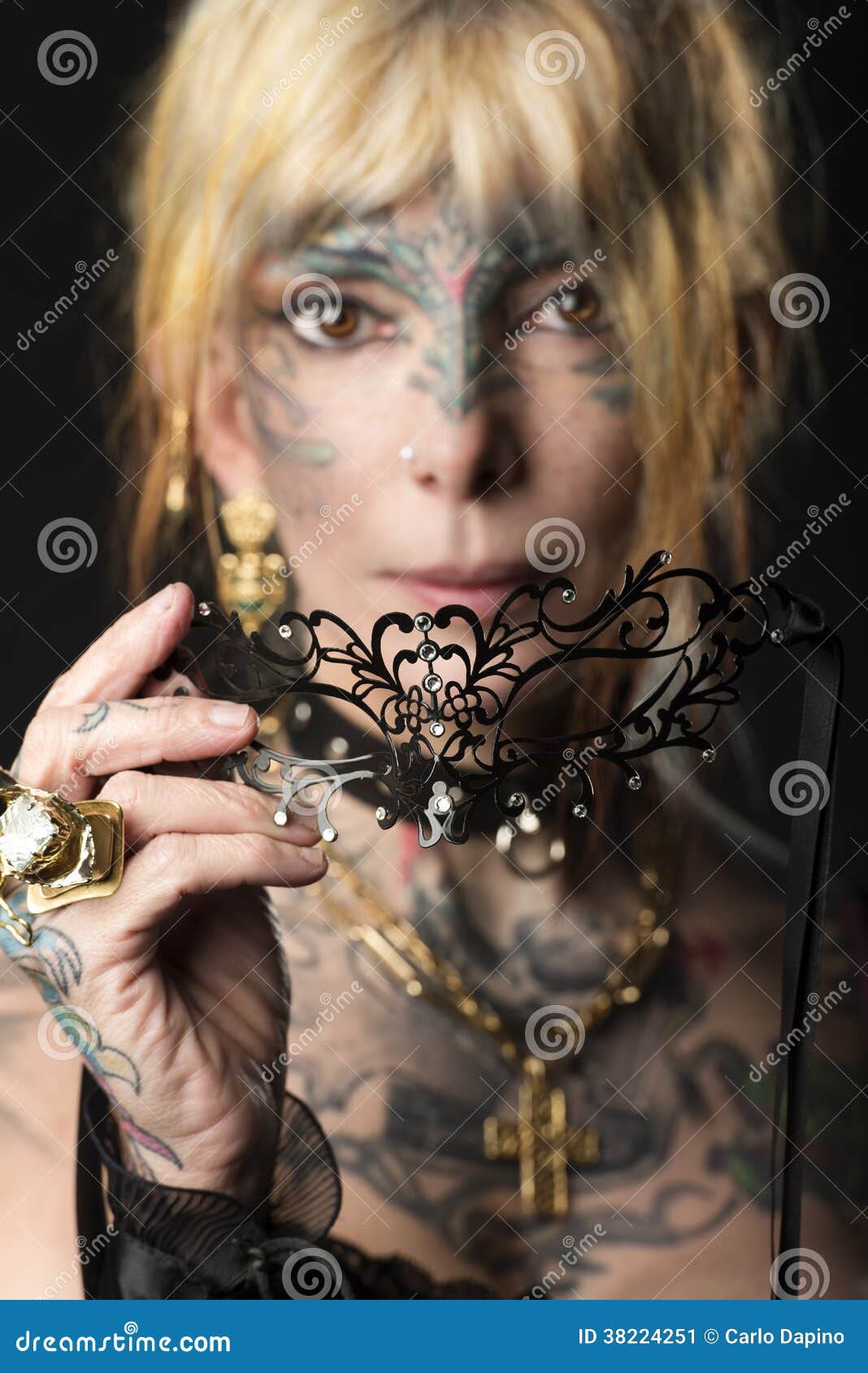 Lady in Dark , with Tattoo Onface with Mask Stock Image - Image of girl ...