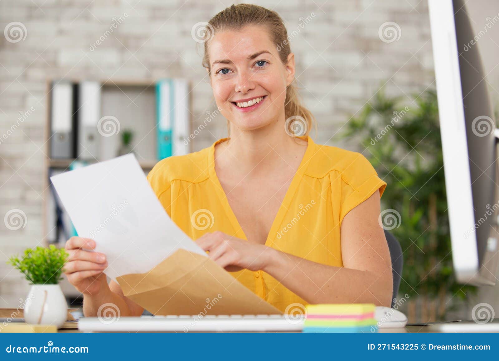 Lady at Desk Puts Letter into Envelope Stock Image - Image of messenger ...