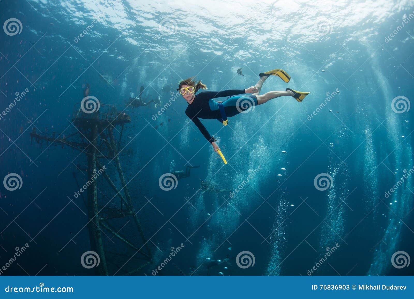Lady the Diver Swims Underwater Stock Image - Image of flippers ...