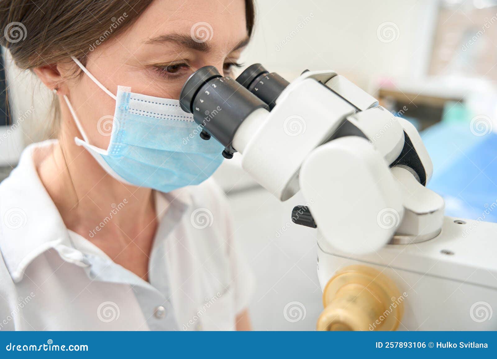 Lady Doctor Looks into the Microscope Closeup Stock Photo - Image of ...