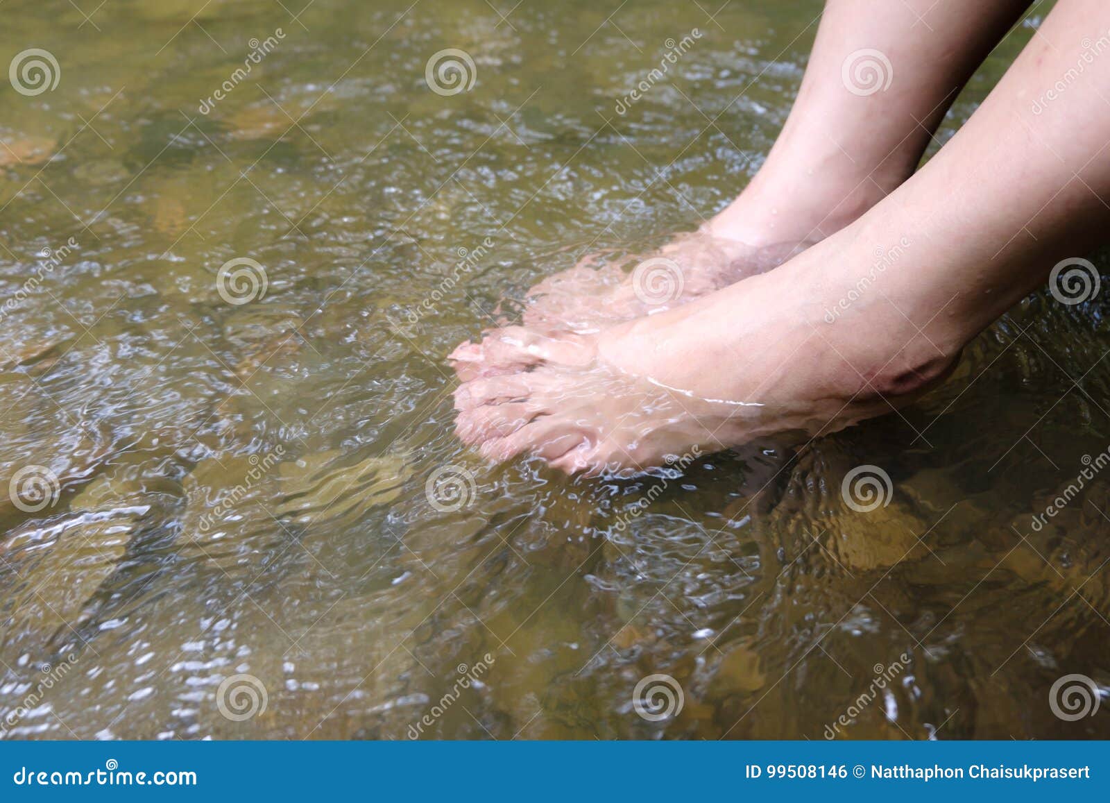 Lady Feet Steep into the Stream Stock Photo - Image of abstract, leaf ...