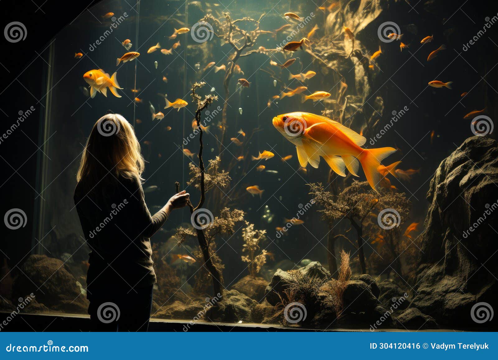 Lady with Fish Aquarium. Goldfish in Big Water Aquarium Stock ...