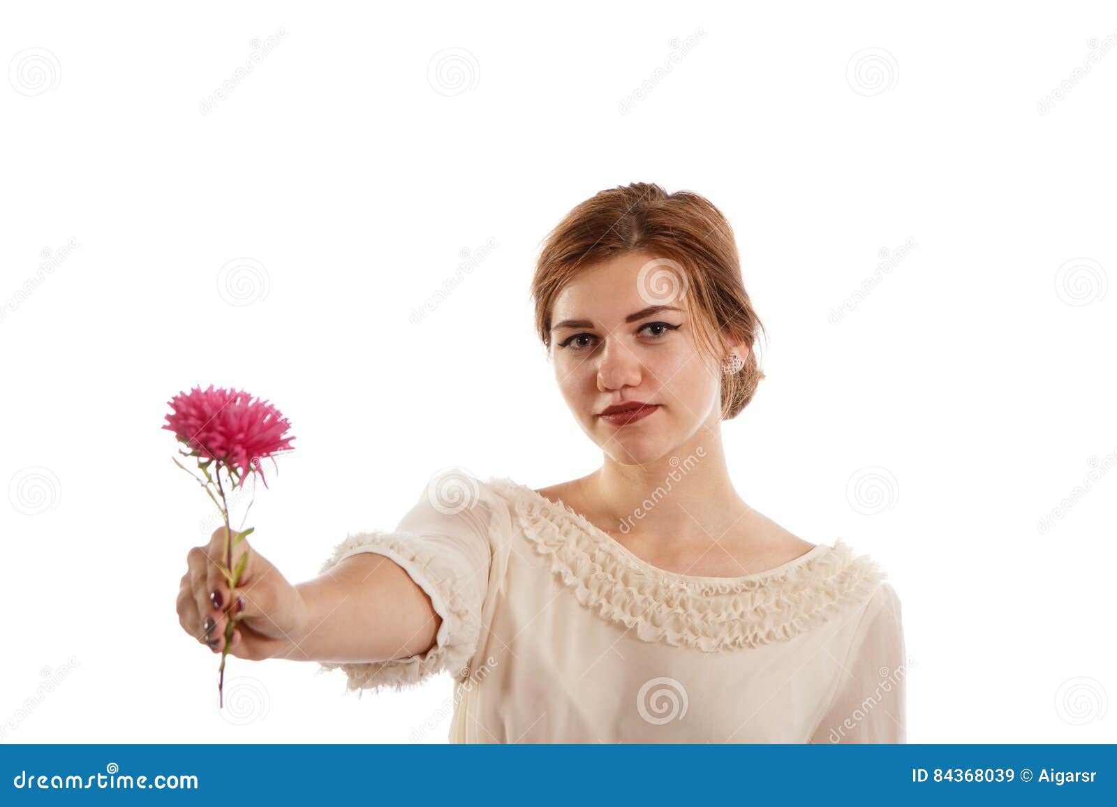 Lady with a flower stock image. Image of white, flower - 84368039